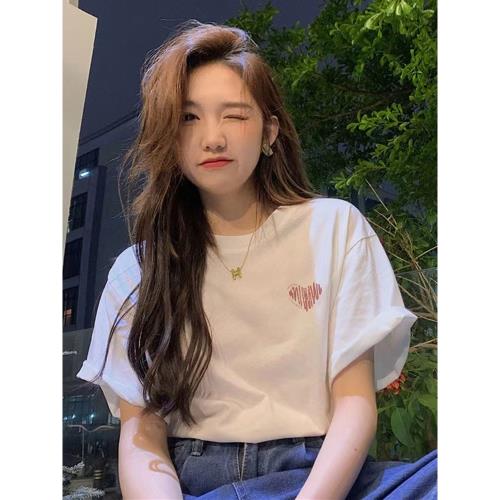 韓版純棉短袖t恤女2025夏新款寬松正肩白色圓領印花港味chic上衣|T恤|ETMall東森購物網