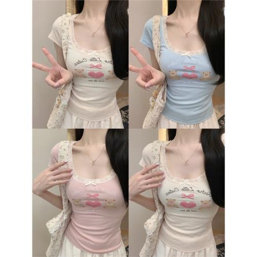 遲早 少女感滿分tee! 原創Du家可愛bm風印花t恤女短袖蕾絲蝴蝶結|T恤|ETMall東森購物網