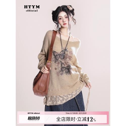 HTYM曠野烏托邦 蕾絲拼接針織衫罩衫女春秋露肩打底衫外穿上衣ins|毛針織衫|ETMall東森購物網