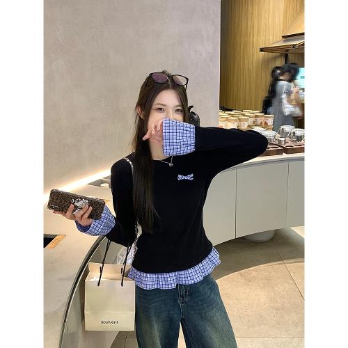 烏77甜酷蝴蝶結拼接格紋長袖t恤女百搭修身顯瘦圓領冬季chic上衣|T恤|ETMall東森購物網