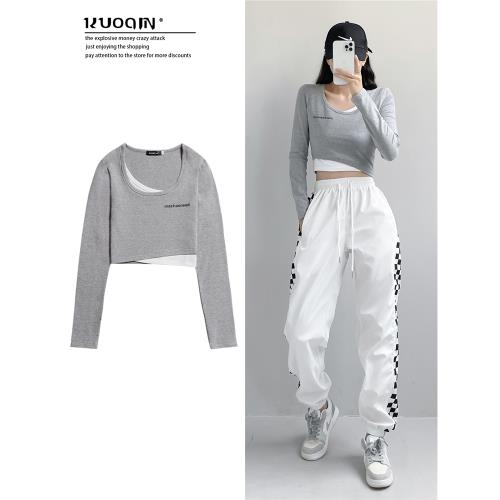 長袖ins爵士舞上衣高腰褲假兩件|T恤|ETMall東森購物網