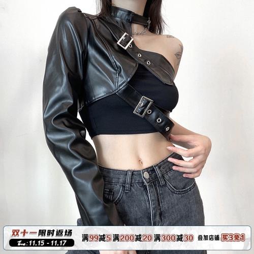 ROCKMORE街頭拽酷設計感心機斜肩PU皮衣女百搭修身不規則短款上衣|短外套|ETMall東森購物網