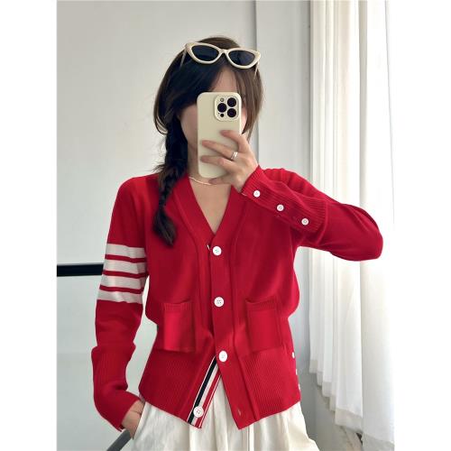 新年紅色tb針織開衫女圣誕節本命年毛衣春秋新款龍年v領打底潮|毛針織衫|ETMall東森購物網