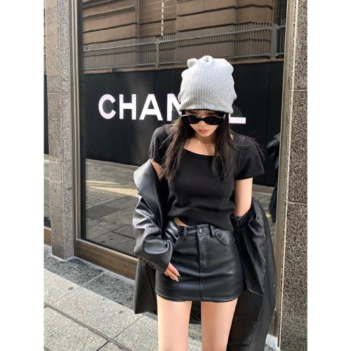 林初一 辣妹超短裙女春秋高級感a字包臀pu皮半身裙高腰顯瘦褲裙|半身裙|ETMall東森購物網