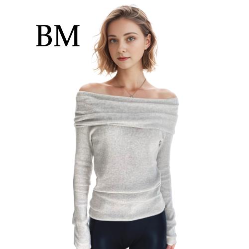 BM一字肩翻領氛圍感長袖針織衫|毛針織衫|ETMall東森購物網
