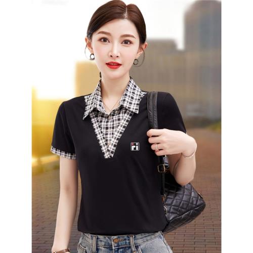 短袖T恤女純棉polo衫翻領2025夏季新款格子時尚洋氣中年媽媽上衣|T恤|ETMall東森購物網