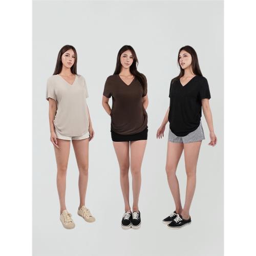 Jim Kennet基礎三色垂墜涼感v領寬松T恤彈力上衣|T恤|ETMall東森購物網