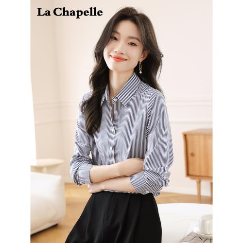 拉夏貝爾/La Chapelle秋季POLO領寬松顯瘦襯衣百搭豎條紋襯衫上衣|大尺碼內搭|ETMall東森購物網
