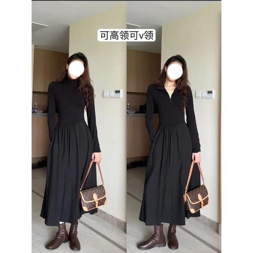 mm法式長袖大碼微胖遮肚子小黑裙|洋裝|ETMall東森購物網