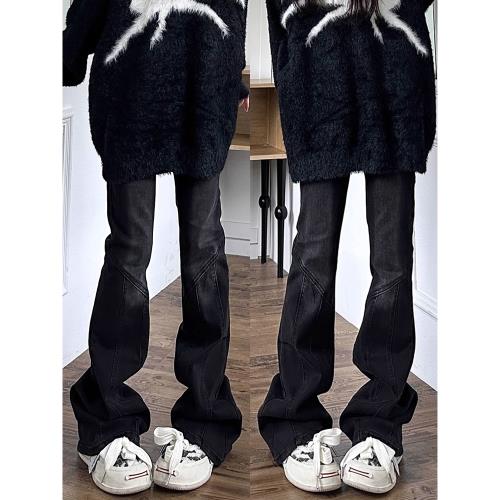 黑灰色美式y2k胖mm微喇叭牛仔褲|大尺碼褲裝|ETMall東森購物網