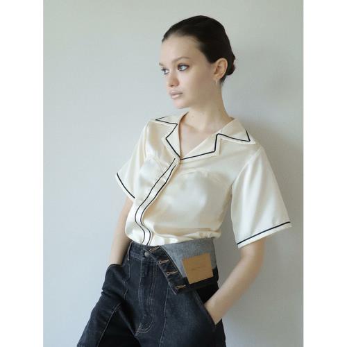 ME0615 周末梨香 小眾p 順滑仿絲質撞色鑲邊短袖襯衫 23夏季 女|襯衫|ETMall東森購物網