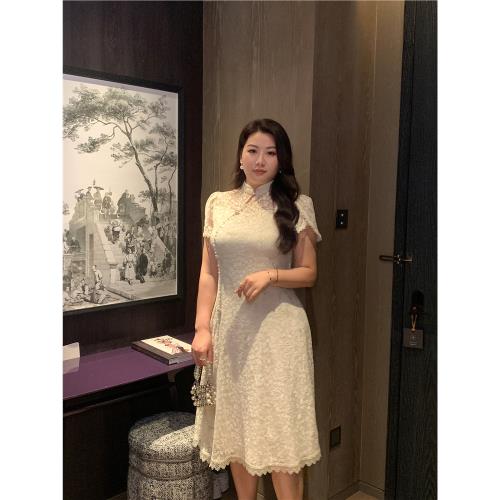 (免運)GLEC胖mm訂珠荷葉邊修身顯瘦旗袍|大尺碼連身裙|ETMall東森購物網