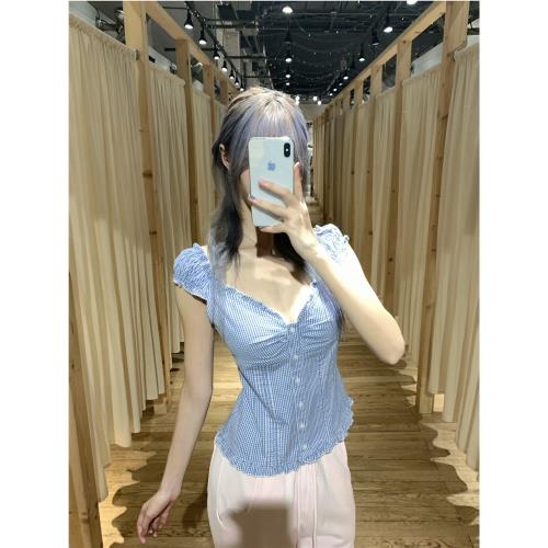 BramdyGirl美式復古格紋花邊v領bm襯衫背心女修身上衣短袖襯衣女|襯衫|ETMall東森購物網