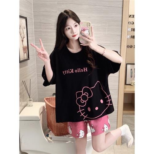 網紅風睡衣女夏季短袖2025薄款可愛貓咪卡通KT貓可外穿家居服套裝|睡衣/家居服套裝|ETMall東森購物網
