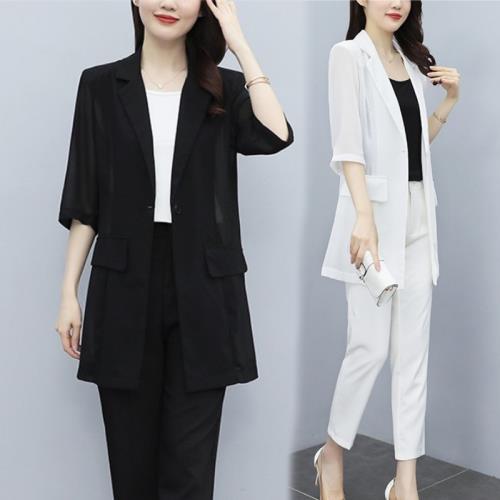 大碼西裝上衣女夏季胖妹妹寬松氣質雪紡防嗮透氣西服外套女200斤|大尺碼連身裙|ETMall東森購物網