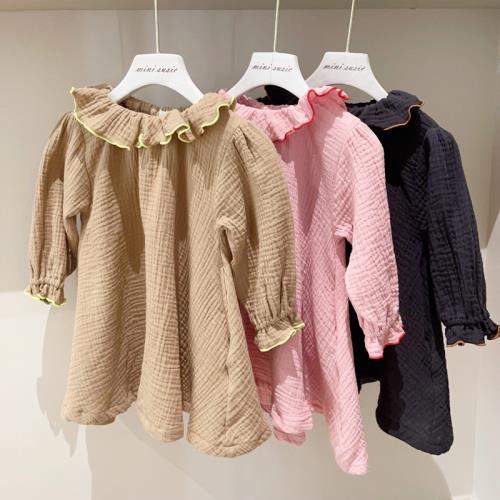 80-150日系潮童馬牌三色柔軟棉紗面料荷葉領長袖A字裙|洋裝|ETMall東森購物網