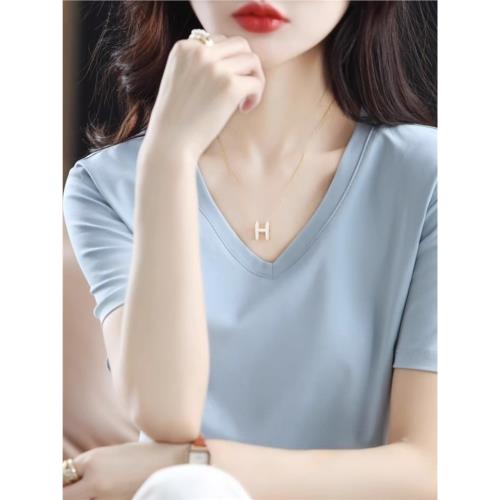 (免運)高端2024新款80支雙面絲光棉短袖t恤女新疆棉純棉寬松顯瘦V領上衣|T恤|ETMall東森購物網