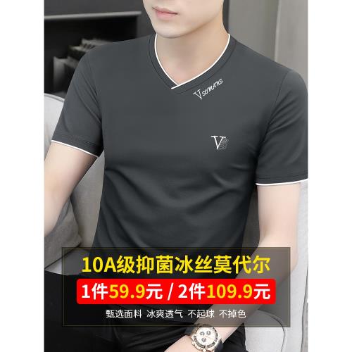7A級抗菌莫代爾男士短袖t恤2025夏季新款V領高端刺繡冰絲速干體恤|T恤|ETMall東森購物網