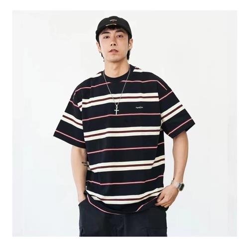 (免運)長谷川監制日系潮牌條紋刺繡圓領寬松短袖重磅T恤休閑男女cityboy|T恤|ETMall東森購物網