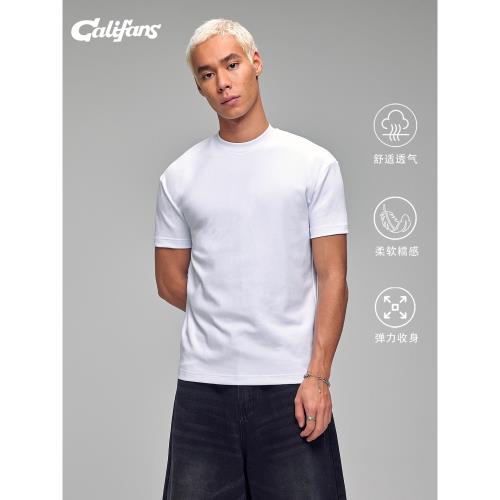 Califans 美式cleanfit小領口糯感緊身彈力純色休閑T恤打底短袖男|其他材料製|ETMall東森購物網
