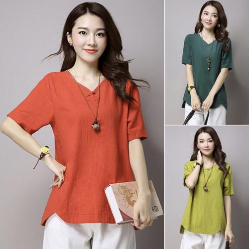 麗莎熊 LisaBear 棉麻V領純色修飾下擺舒適透氣上衣 M～3XL|造型上衣|ETMall東森購物網