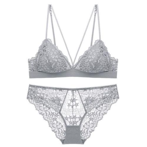 PinLe 法式性感無鋼圈三角杯細肩帶薄款兩穿蕾絲花邊內衣套組 -B007灰色|無鋼圈/軟鋼圈|ETMall東森購物網