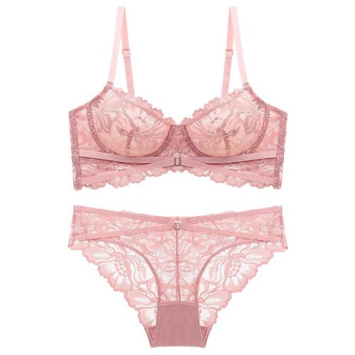 PinLe PinLe 法式性感蕾絲刺繡1/2超薄内衣成套組 (A-D加大)-C005 粉色|美胸衣/睡眠胸罩|ETMall東森購物網