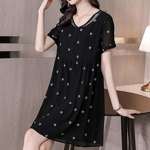 麗質達人 - 5993黑色印花雪紡洋裝|短袖洋裝|ETMall東森購物網
