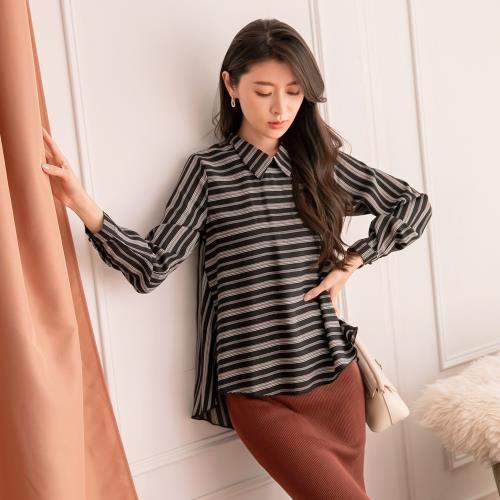 【OB 嚴選】知性條紋前短後長不易皺雪紡上衣 《AB16192》|上衣|ETMall東森購物網