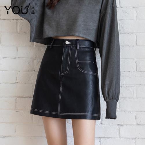 小皮裙半身裙女春秋2022新款顯瘦明線裝飾高腰A字裙黑色PU皮短裙|裙子|ETMall東森購物網