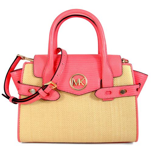 MICHAEL KORS CARMEN 金字LOGO草編混搭鱷魚紋皮革翻蓋兩用包(粉橘色)|MK兩用包|ETMall東森購物網