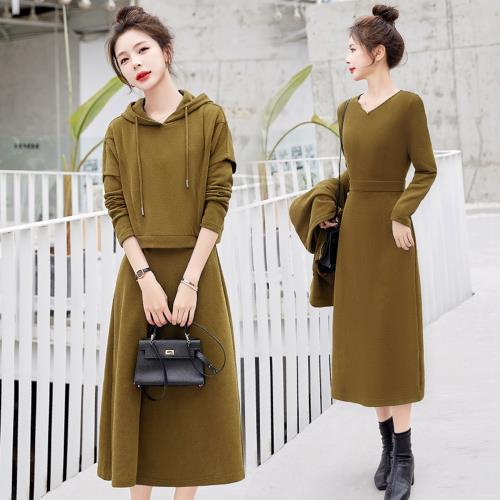 SZ-玩美衣櫃V領純色修身洋裝+抽繩帽T二件套M-3XL(共三色)|洋裝/套裝|ETMall東森購物網