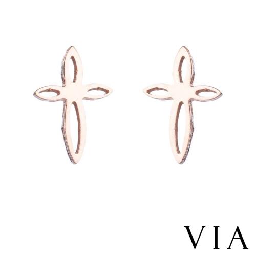 【VIA】符號系列 縷空線條十字架造型白鋼耳釘 造型耳釘玫瑰金色|鋼/鈦耳環|ETMall東森購物網