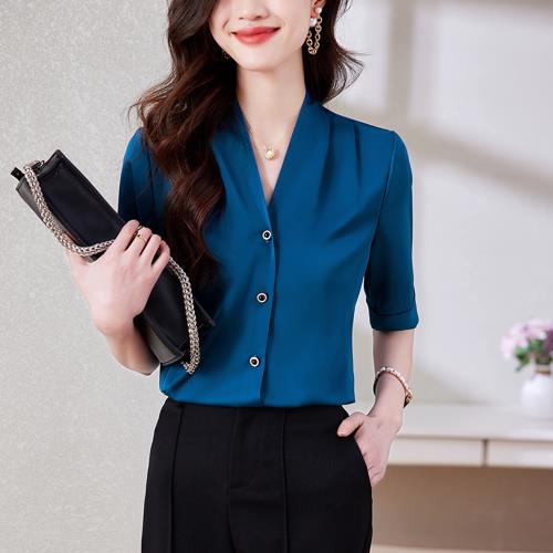 白色戀人-玩美衣櫃溫柔知性V領氣質女短袖襯衫M-3XL(共三色)|上衣|ETMall東森購物網