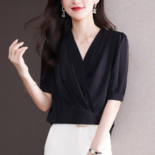 白色戀人-玩美衣櫃時尚壓褶交叉V領女襯衫雪紡上衣M-3XL(共二色)|上衣|ETMall東森購物網