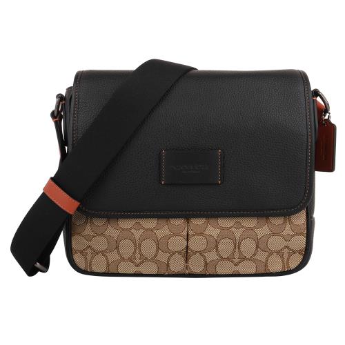 COACH 皮標LOGO緹花拚皮革磁釦方型斜背包(深卡其x黑)|COACH肩背包/側背包|ETMall東森購物網