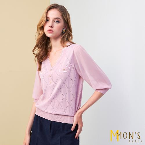 MONS 鑽飾拼接網紗針織上衣|造型上衣|ETMall東森購物網