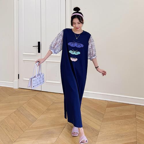 KVOLL-玩美衣櫃莫奈風印花拼接五分袖洋裝L-3XL|洋裝/套裝|ETMall東森購物網