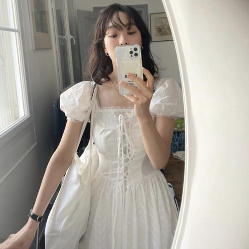 chic方領花邊綁帶收腰連衣裙蕾絲|洋裝|ETMall東森購物網