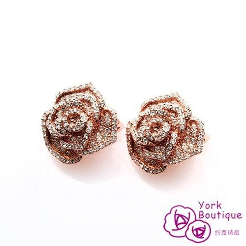 【約克精品】經典玫瑰花LOGO施華洛元素晶鑽鍍18K玫瑰金夾式耳環(SGS認證)|晶鑽耳環|ETMall東森購物網