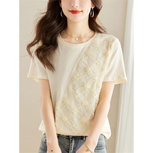 23夏季新款浪漫花朵蕾絲不規則拼接棉T恤女圓領套頭百搭短袖上衣|T恤|ETMall東森購物網