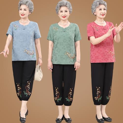 中老年人夏裝女奶奶棉麻短袖套裝老太太繡花兩件套70歲80媽媽T恤|中老年女裝|ETMall東森購物網