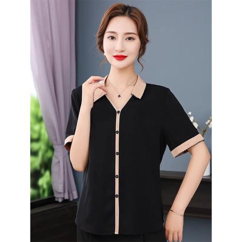 媽媽裝夏裝洋氣40歲50中年婦女短袖上衣純色套頭翻領中老年女裝|中老年女裝|ETMall東森購物網