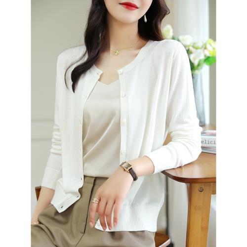 竹纖維白色針織開衫外套女長袖薄款防曬衫23夏季新款圓領披肩外搭|毛針織衫|ETMall東森購物網