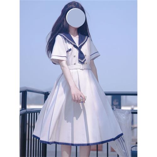 2024夏季新款日系JK水手服海軍領連衣裙學生收腰中長款百褶a字裙|洋裝|ETMall東森購物網