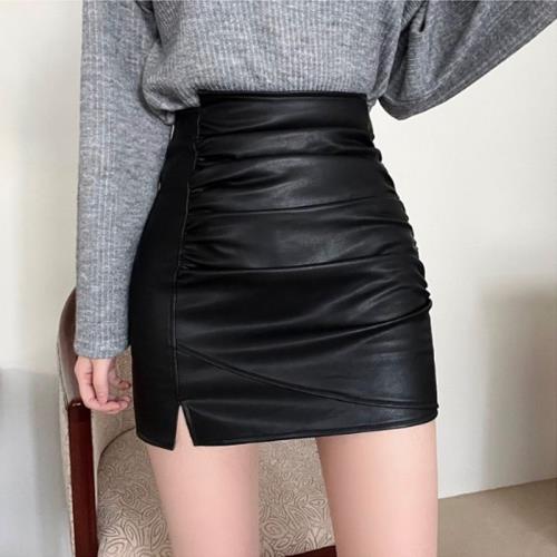黑色小皮裙秋季新款半身裙2022韓版高腰緊身pu皮褶皺開叉一步裙女|半身裙|ETMall東森購物網