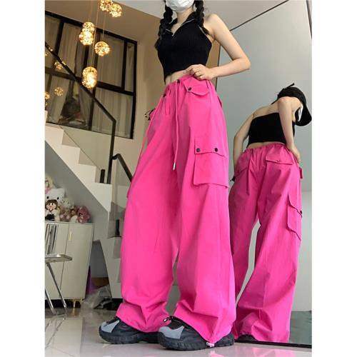 火龍果色褲子美式hiphop速干工裝褲大碼女胖mm夏季薄款y2k泰辣褲|褲子|ETMall東森購物網