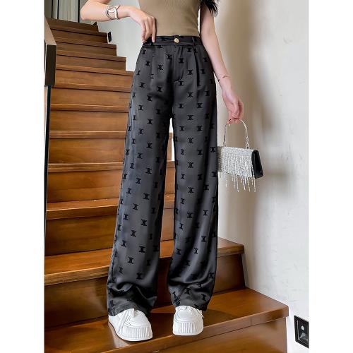 醋酸休閑黑色直筒褲秋季薄款涼爽高腰垂感氣質印花闊腿西褲褲女|休閒褲|ETMall東森購物網