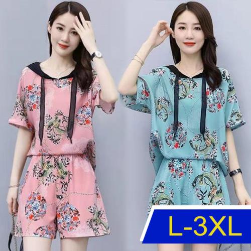 【韓國K.W.】連帽休閒印花套裝(涼感/二件套/輕薄/短袖)|褲子套裝/裙子套裝|ETMall東森購物網