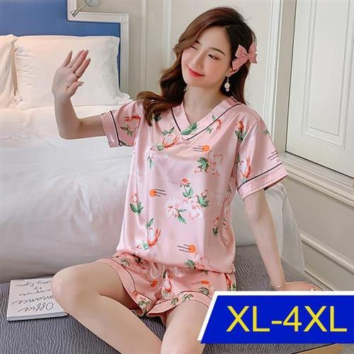 【韓國K.W.】天絲質感V領字母玫瑰綢緞印花居家睡衣套裝(涼感/二件套/輕薄/短袖)|褲子套裝/裙子套裝|ETMall東森購物網